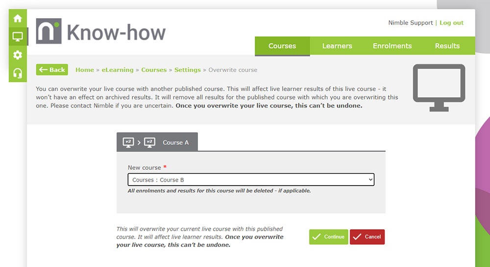How to overwrite an existing with another course – Nimble Elearning
