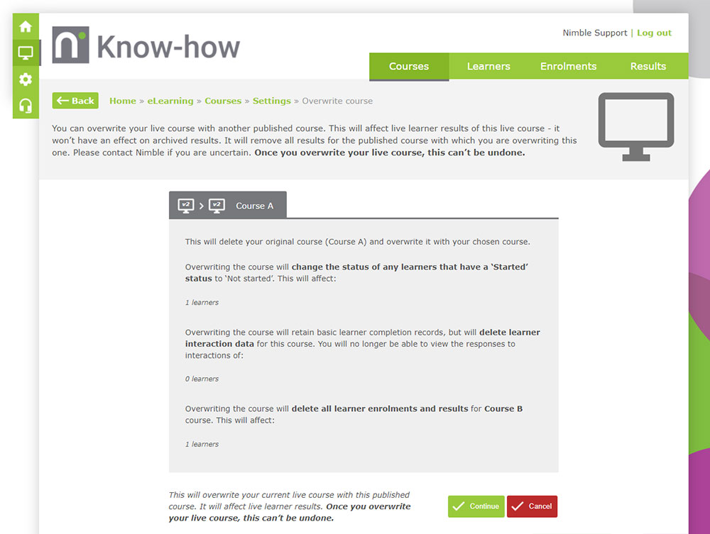 How to overwrite an existing with another course – Nimble Elearning